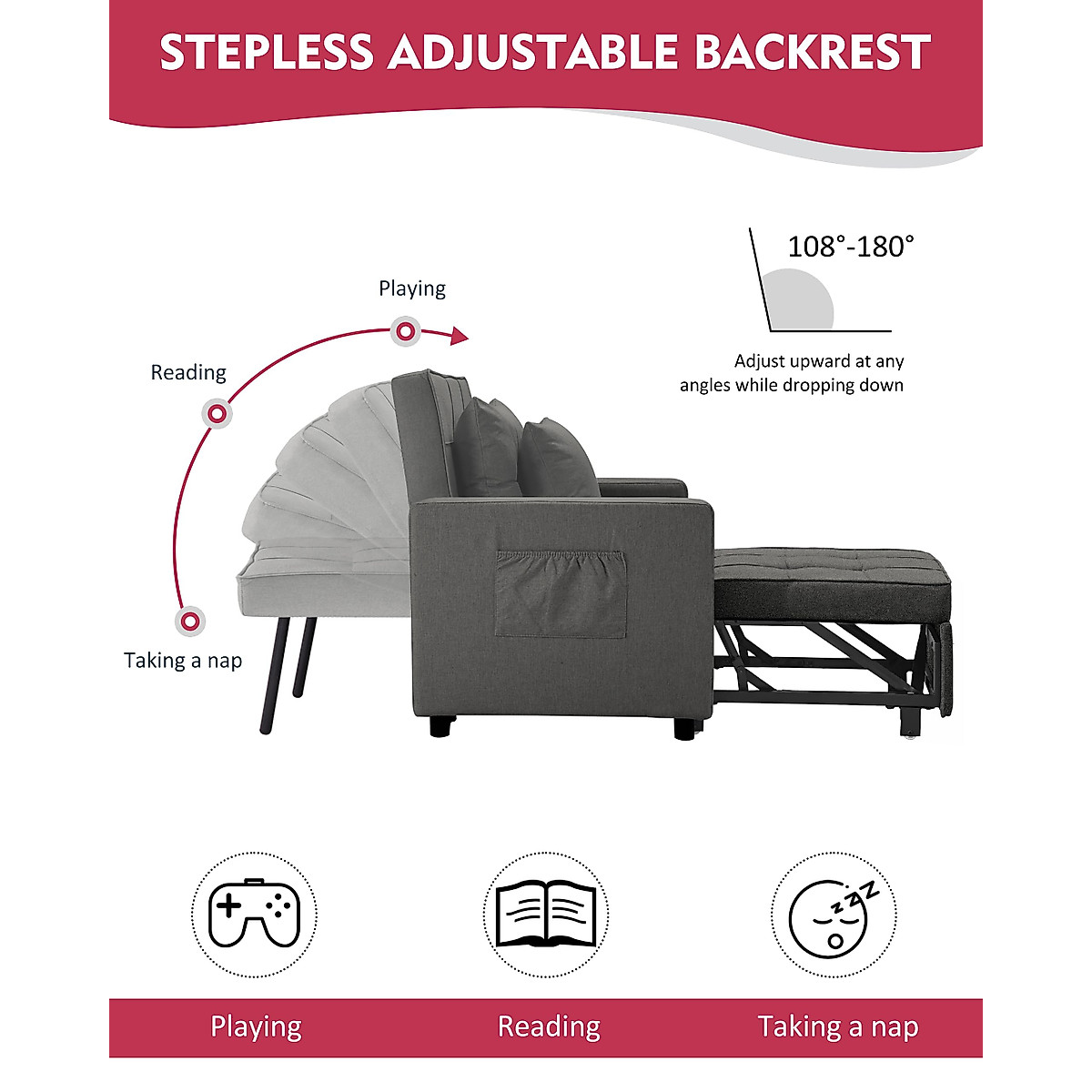 Litbird [UPDATED] Convertible Chair Sleeper Bed, Stepless Adjustable Backrest, Futon Chair Turns Into Bed, Sleeper Sofa for Living Room, 3 in 1, Linenette, Deep Gray