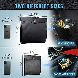 CREOMG Car Trash Bag, Superior PU Leather with LED Light and Magnet Closure Design, Bundle with Tissue Box and 30 Disposable Inner Garbage Bags, Waterproof Vehicle Rubbish Container Garbage Can