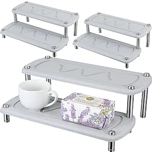 Kigley 2 Sets of Double Tiered Sink Caddy Instant Dry Sink Organizer Bathroom Counter Diatomaceous Earth Fast Drying Stone Sink Tray with Stainless Steel, 11" x 4.3" Each, Gray, White and Dark Gray