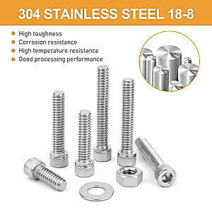 1/4-20 Hex Head Cap Screws, VIGRUE 304 Stainless Steel UNC Hexagon Bolts Flat Washers Nuts Assortment