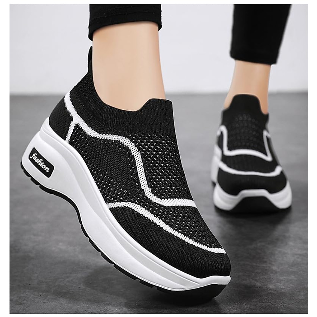 Women's Orthopedic Slip-On Stretch Thick Sole Sneakers with Arch Support,Breathable Comfortable Lightweight Soft Fashion Mesh Sneakers,Outdoor Casual Walking Running Tennis Shoes (Black,8)