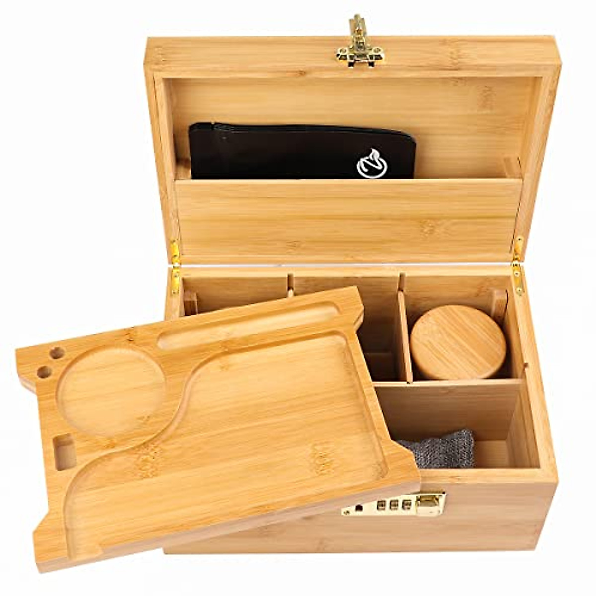 OZCHIN Large Bamboo Box with Combination Lock Decorative box for Home Locking Storage Bamboo Box with Glass Jar (L)