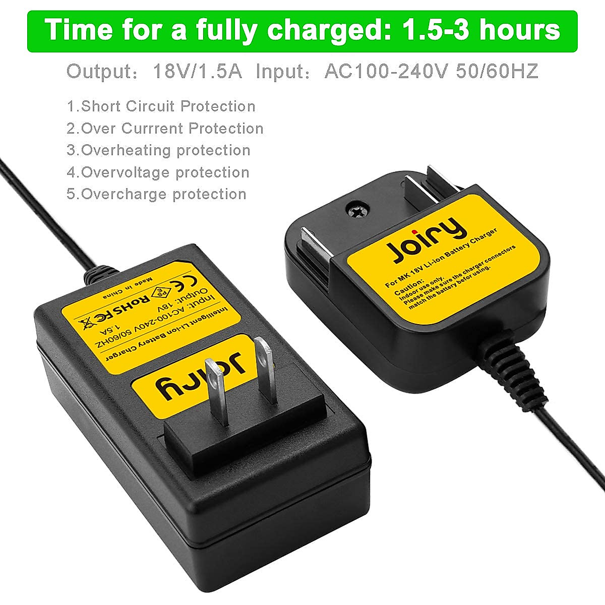Joiry 18V Li-ion Battery Charger Compatible with Makita BL1830 BL1815 194205-3 LXT400 BL1850 BL1840 BL1860 (NOT for Ni-MH/Ni-Cd Battery)