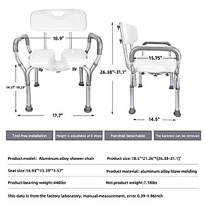 Retoreath Shower Chair with Back and Arms, Slip Resistant Bath Chair with Adjustable Height, U-Shape Groove Cutout for Private Cleaning, for Handicap, Disabled, Seniors & Elderly