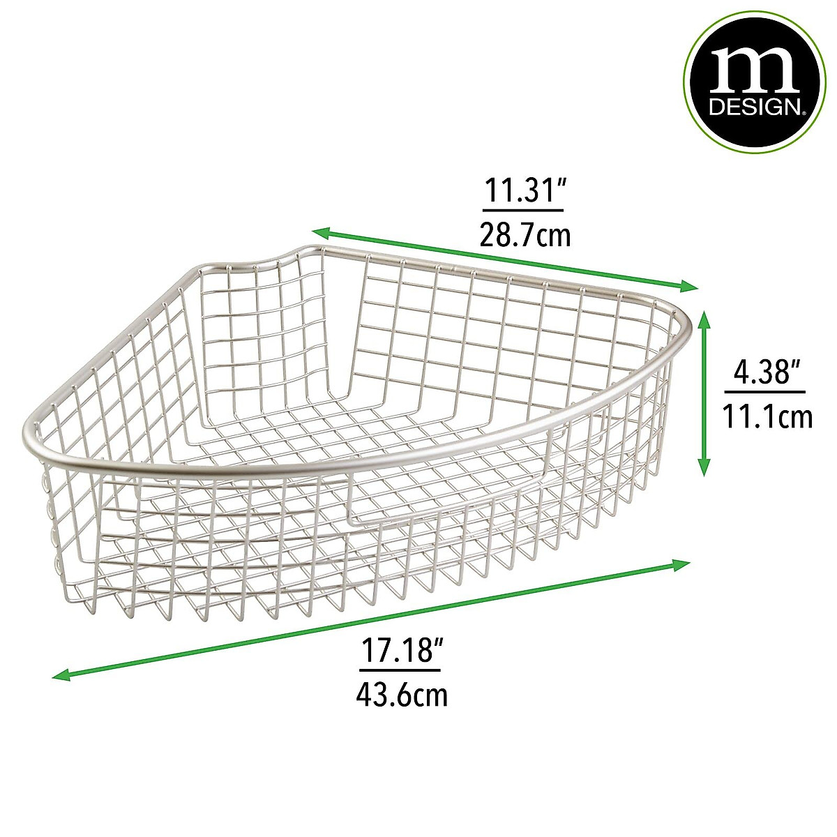 mDesign Farmhouse Metal Kitchen Cabinet Lazy Susan Storage Organizer Basket with Front Handle - Large Pie-Shaped 1/4 Wedge, 4.4" Deep Container - 4 Pack - Satin