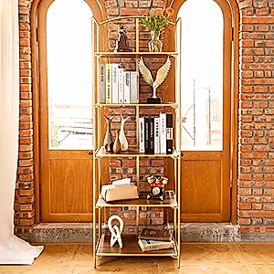Crofy No Assembly Folding Bookshelf, 5 Tier Gold Bookshelf, Metal Book Shelf for Storage, Folding Bookcase for Office Organization and Storage, 12.87 D x 22.91 W x 68.1 H Inches