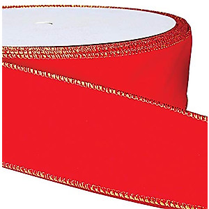 Red Velvet Ribbon Wired 2.5 (2 1/2) Inch Wide Wire-Edge Gold Trim Clearance: 30 Yards Christmas Wrap, Valentine's Day/Outdoor Xmas Tree Bows/Winter Wedding Bow/Valentine Ribbons for Crafts & Gifts