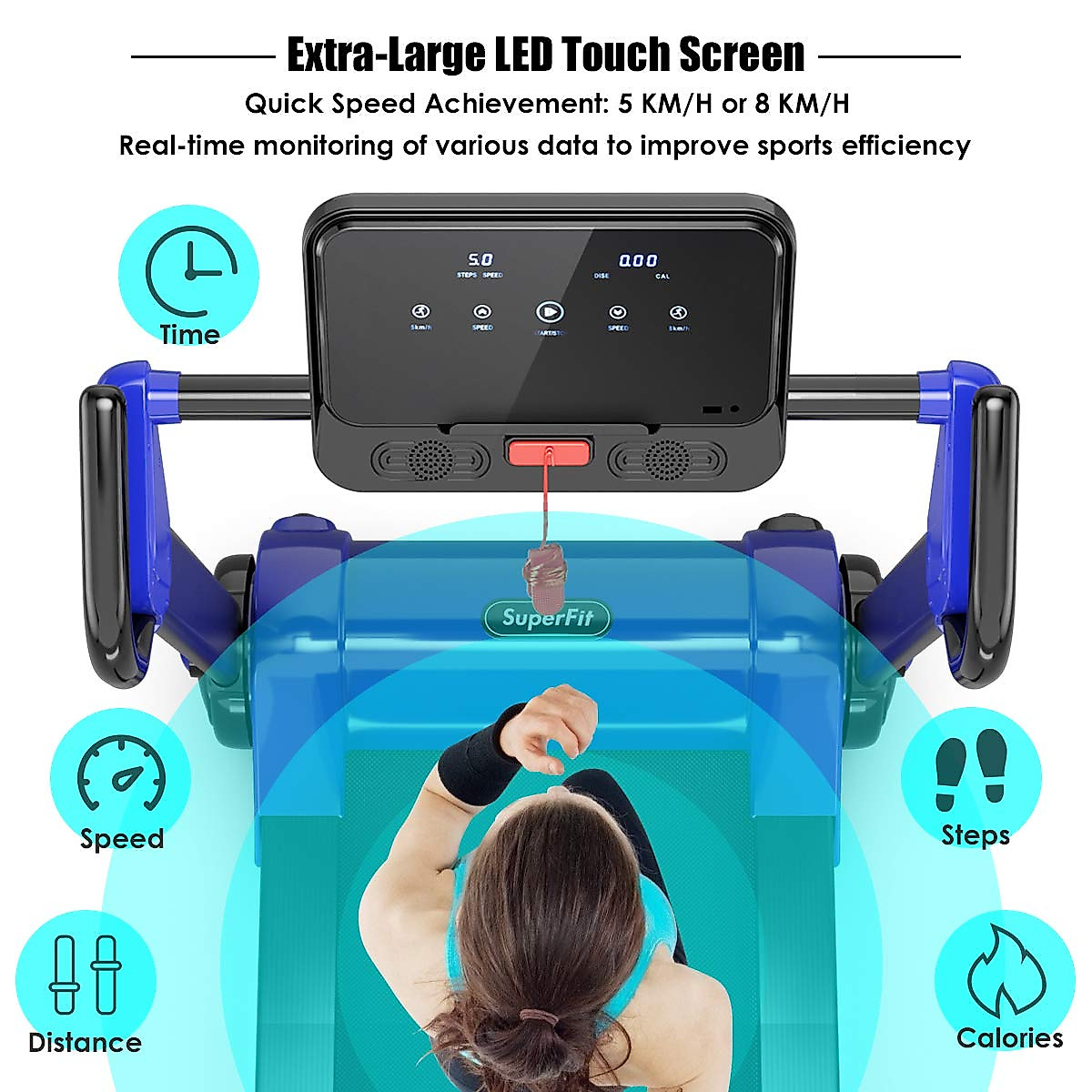 Goplus 2.25HP Electric Folding Treadmill, Installation-Free Design with 8-Stage Damping System, Large LED Touch Display and Blue Tooth Speaker, Compact Running Machine, Superfit Treadmill for Home Use