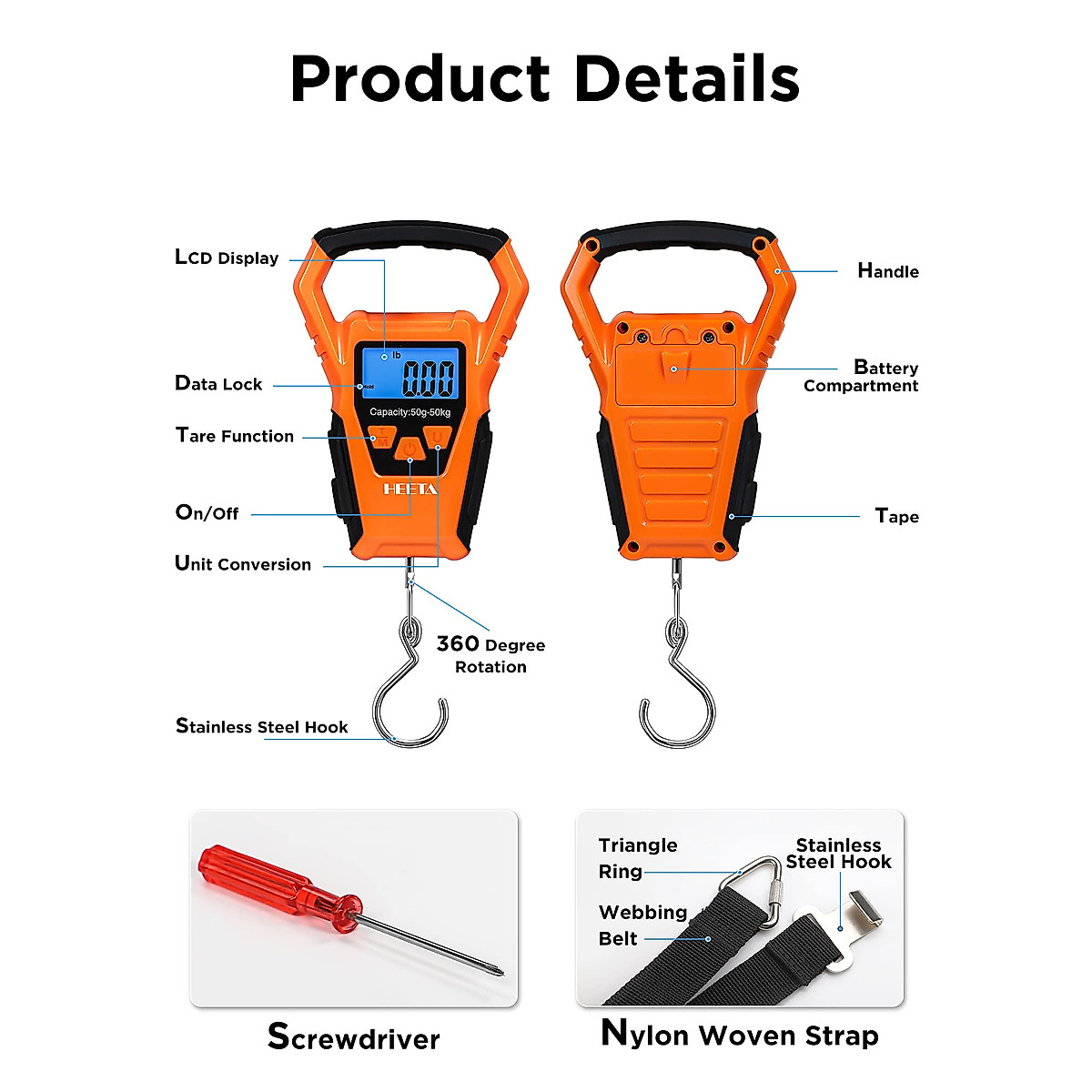 HEETA Waterproof Fish Scale Digital with Backlit LCD Display, 110lb/50kg Portable Hanging Scale Fishing Scale for Home and Outdoor, Measuring Tape and 2 AAA Batteries Included (Orange)