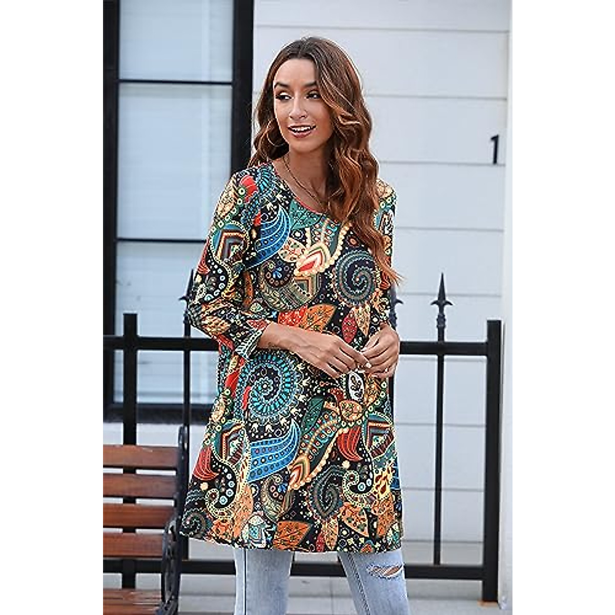 ENMAIN Womens Tunic Tops 3/4 Sleeve Dressy Casual Plus Size Tunic Tops to Wear with Leggings Loose Fit Swing Fall Orange T-Shirt Ladies Blouses