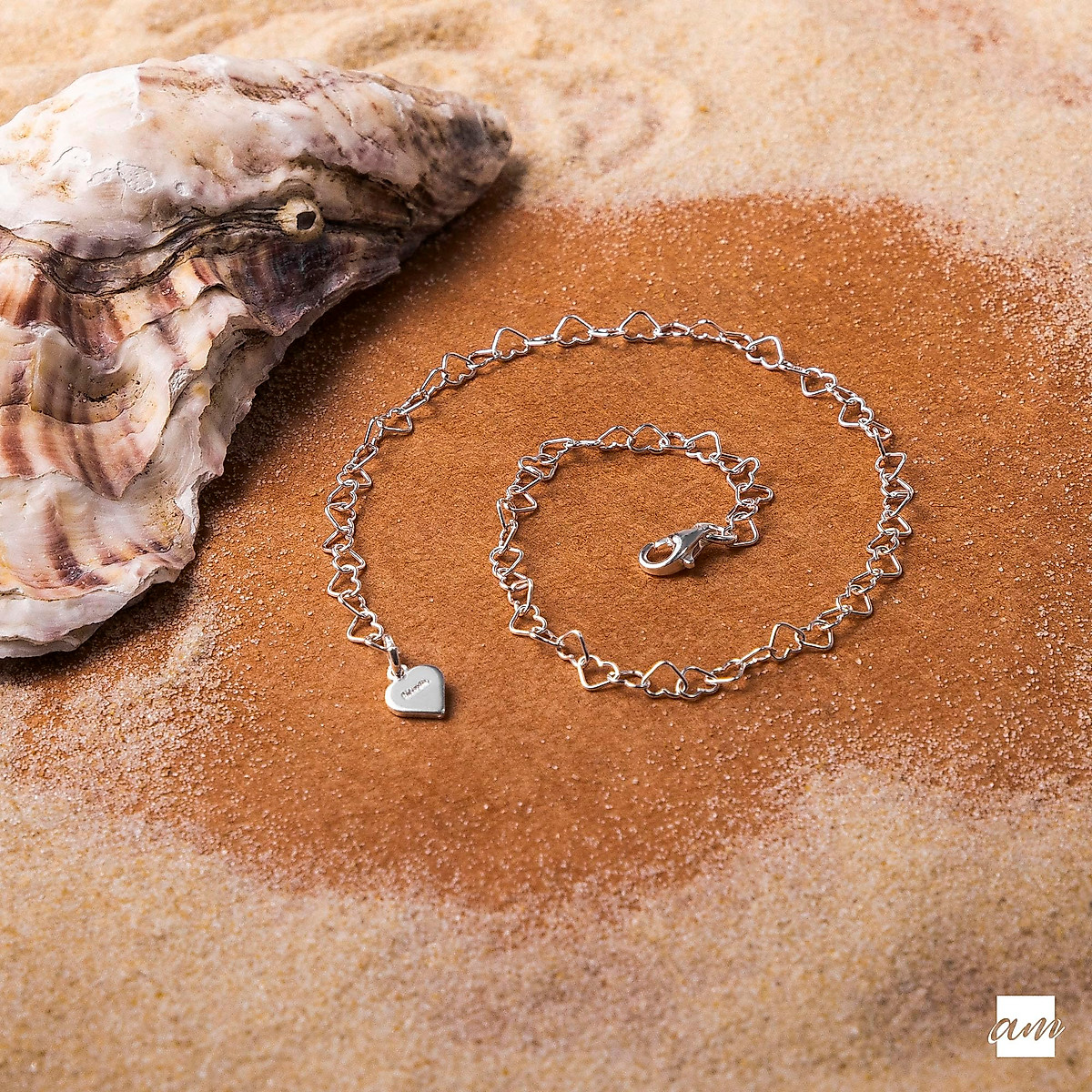 Amberta 925 Fine Sterling Silver Naturally Adjustable Anklet - 3 mm Heart Chain Ankle Bracelet - up to 10" inch - Flexible Fit