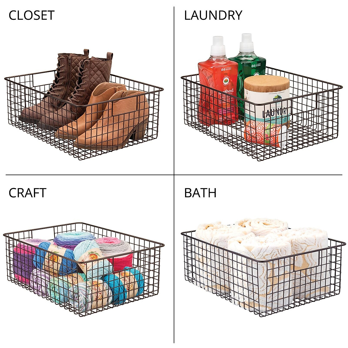 mDesign Metal Wire Food Storage Basket Organizer with Handles for Organizing Kitchen Cabinets, Pantry Shelf, Bathroom, Laundry Room, Closets, Garage - Concerto Collection - 2 Pack - Bronze