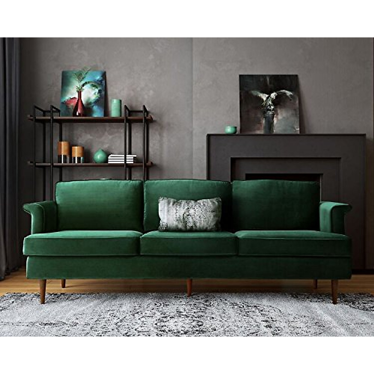 TOV Furniture The Porter Collection Contemporary Style Velvet Upholstered Living Room Sofa with Beech Wood Legs, Forest Green