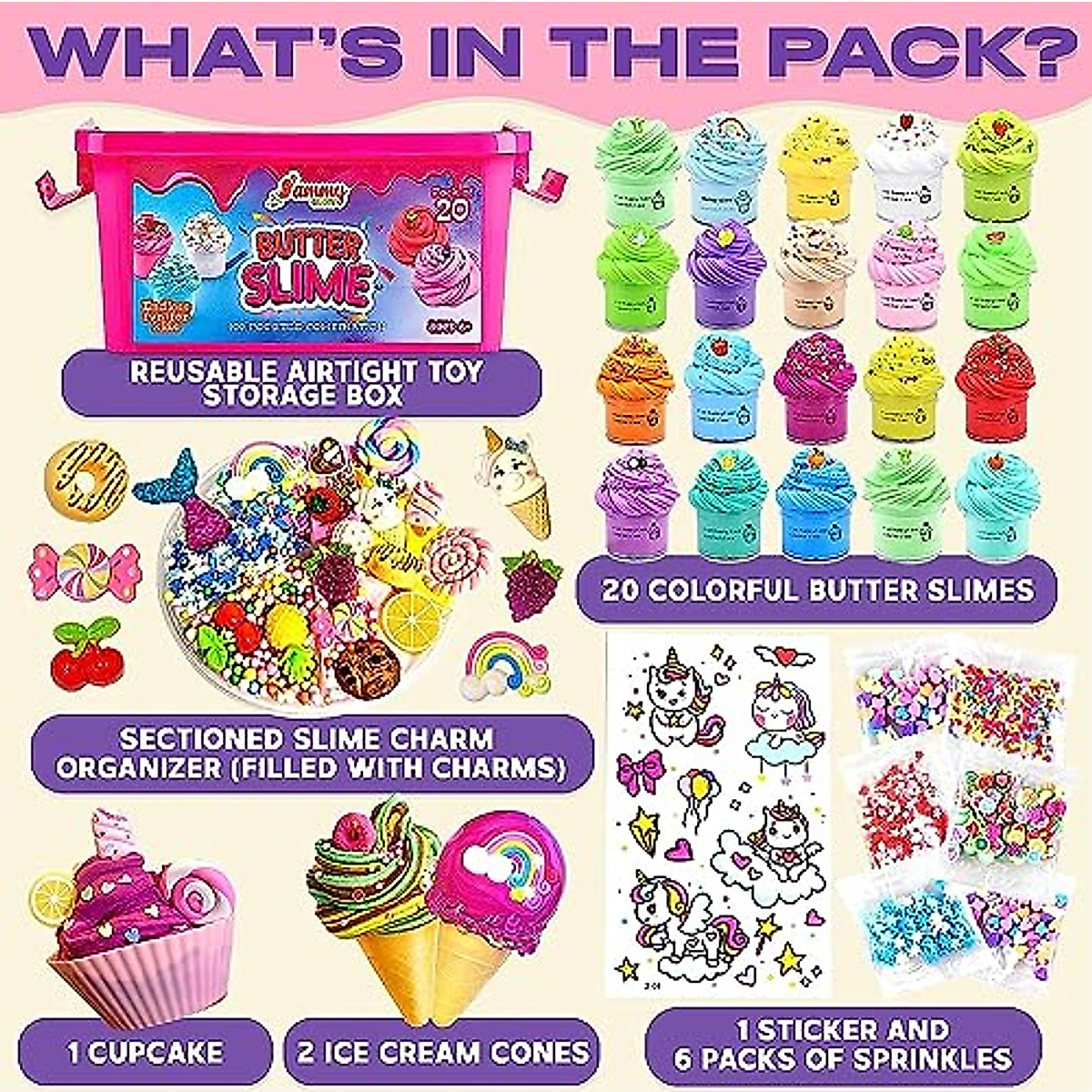 Fluffy Butter Slime Kit for Girls/Boys-49 Pcs-20 Large Slime Gift Set w/Storage Box Keeps Slime Fresh Avoids Drying Out-Slime Charms w/Organizer-Ice Cream Cones Cupcake Sprinkles & Stickers