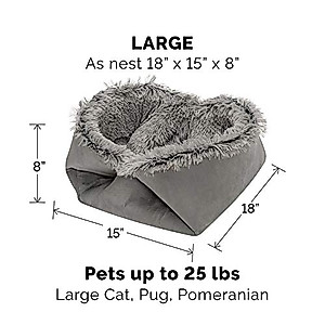 Furhaven Self-Warming Cat Bed for Indoor Cats, 4-Beds-in-1 & Washable - Plush Long Faux Fur Convertible Cuddler - Gray, Large, 35.5"L x 30.0"W x 0.5"Th