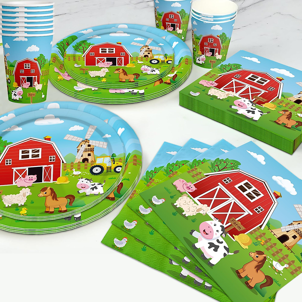 Farm Animal Birthday Party Decorations Farm Plates Tableware Barnyard Farm Birthday Party Supplies Serves 25 Farm Themed Cups, Farm Animal Napkins Red Knife/Fork/Spoon