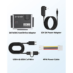 BYEASY SATA/IDE USB 3.0 Adapter, Hard Drive Reader with USB A and USB C for Universal 2.5"/3.5" Inch External HDD/SSD with 12V 2A Adapter, Support 12TB for Windows and Mac OS