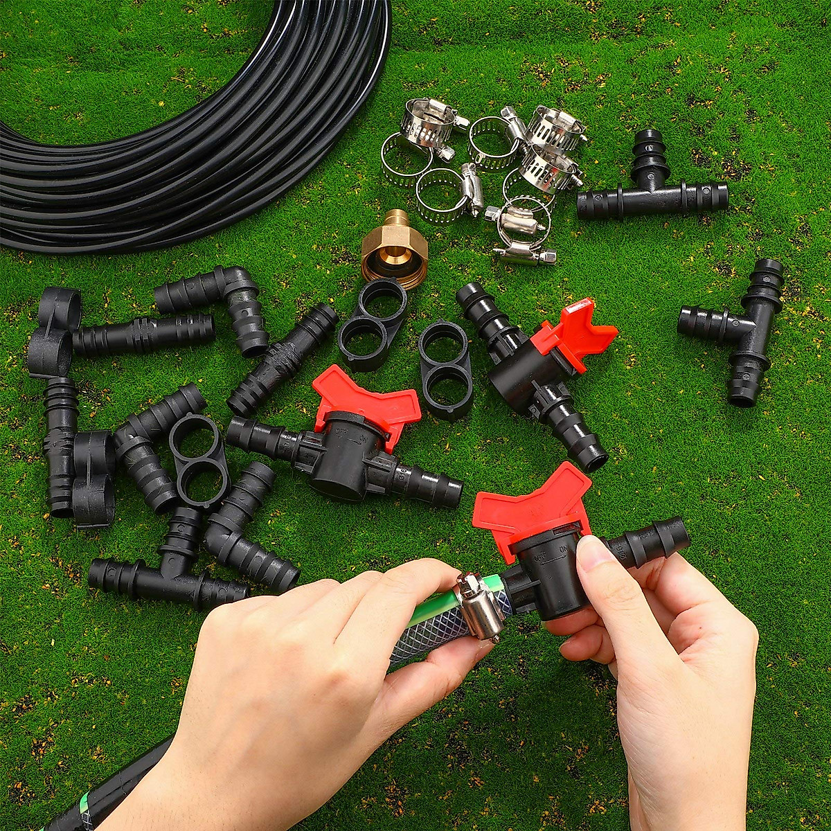 Irrigation Fitting Kit 9 Pieces Drip Irrigation Switch Valve Gate Valves Irrigation Barbed Connectors with Shut-Off Valve and 18 Stainless Steel Clamps and Roll Tape for 1/2 Inch Irrigation Tubing