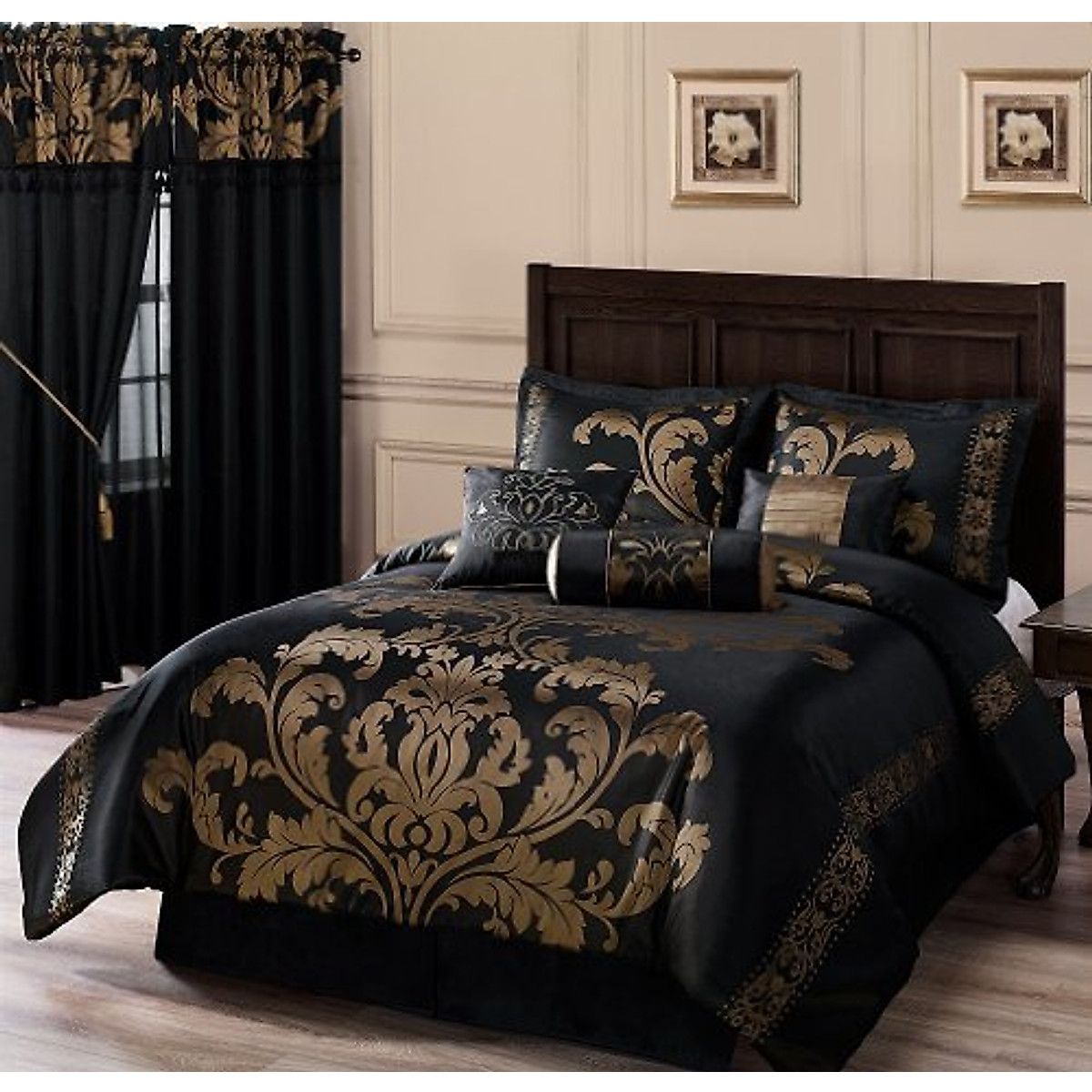 Chezmoi Collection 7-Piece Jacquard Floral Comforter Set/Bed-in-a-Bag Set, King, Black Gold
