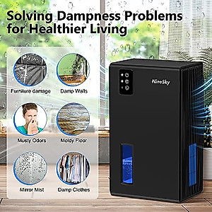 NineSky Dehumidifier for Home, 85 OZ Water Tank, (800 sq.ft) Dehumidifiers for Bathroom, Bedroom with Auto Shut Off, 7 Colors LED Light(Black)