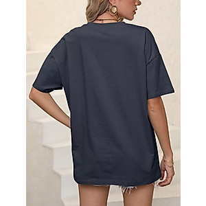 Women’s Casual Letter Graphic Print Short Sleeve Tunic Tops Round Neck Loose Tee Oversized Drop Shoulder Longline T Shirts