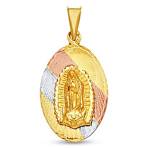Sonia Jewels 14K Tri 3 Color Gold Diamond-Cut Religious Our Lady of Guadalupe Virgin Mary Charm Pendant (27x17 mm)