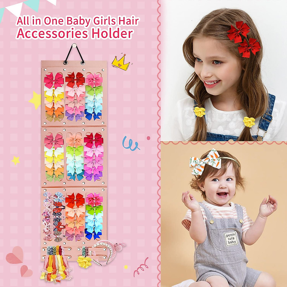 SKYNEO Bows Holder for Baby Girls, Hanging Headbands Organizer,Baby Bow Holder Organizer w/Heart-Shape Velvet Hooks for Baby Hair Accessories (Pink)