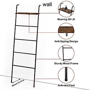 Blanket Ladder Farmhouse Decorative Ladder Holder with Storage Shelf, Wall Leaning Towel Racks for Bathroom, Living Room, Bedroom, Laundry Room, Black