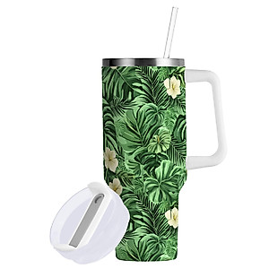 Slewiaeky Tumbler with Handle 40 oz Plant Palm Leaf Vintage Travel Mug with Lid and Straw Hibiscus Stainless Steel Vacuum Insulated Water Bottle Cup for Iced Tea Coffee Cold Beverages Cup Holder Frie