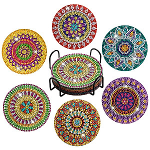 FSTSLK Diamond Art Kits - 6 Pcs Diamond Painting Coasters with Holder - DIY Mandala Coasters for Beginners, Adults & Kids Art Craft Supplies - Cool Valentines Day Gifts & Easter Basket Stuffers