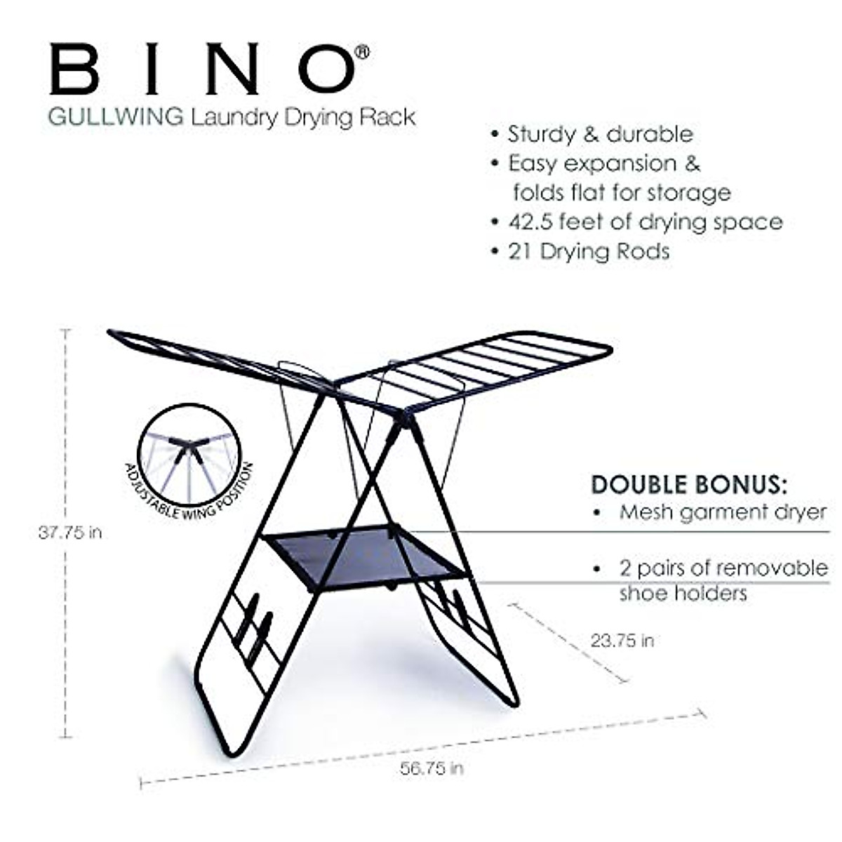 BINO Gullwing Steel Drying Rack Foldable, Sturdy, and Collapsible Laundry Solution - Collapsing Laundry Drying Rack - Space Saving - Home Essentials (Black)