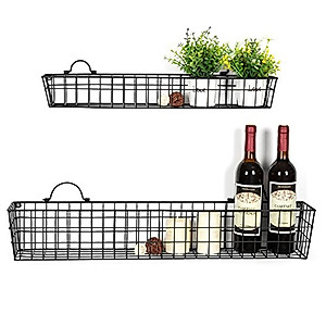 MyGift Country Rustic Wall Mounted Black Metal Wire Storage Baskets Display Racks, Set of 2