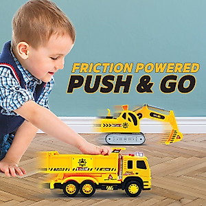 MOBIUS Toys 4-in-1 Construction Vehicle Bundle - 1:12 Scale Dump Truck, Flatbed and 2 Excavators with Lights and Sounds, Push and Go Realistic Big Truck Toy, Construction Vehicle Excavator Toy