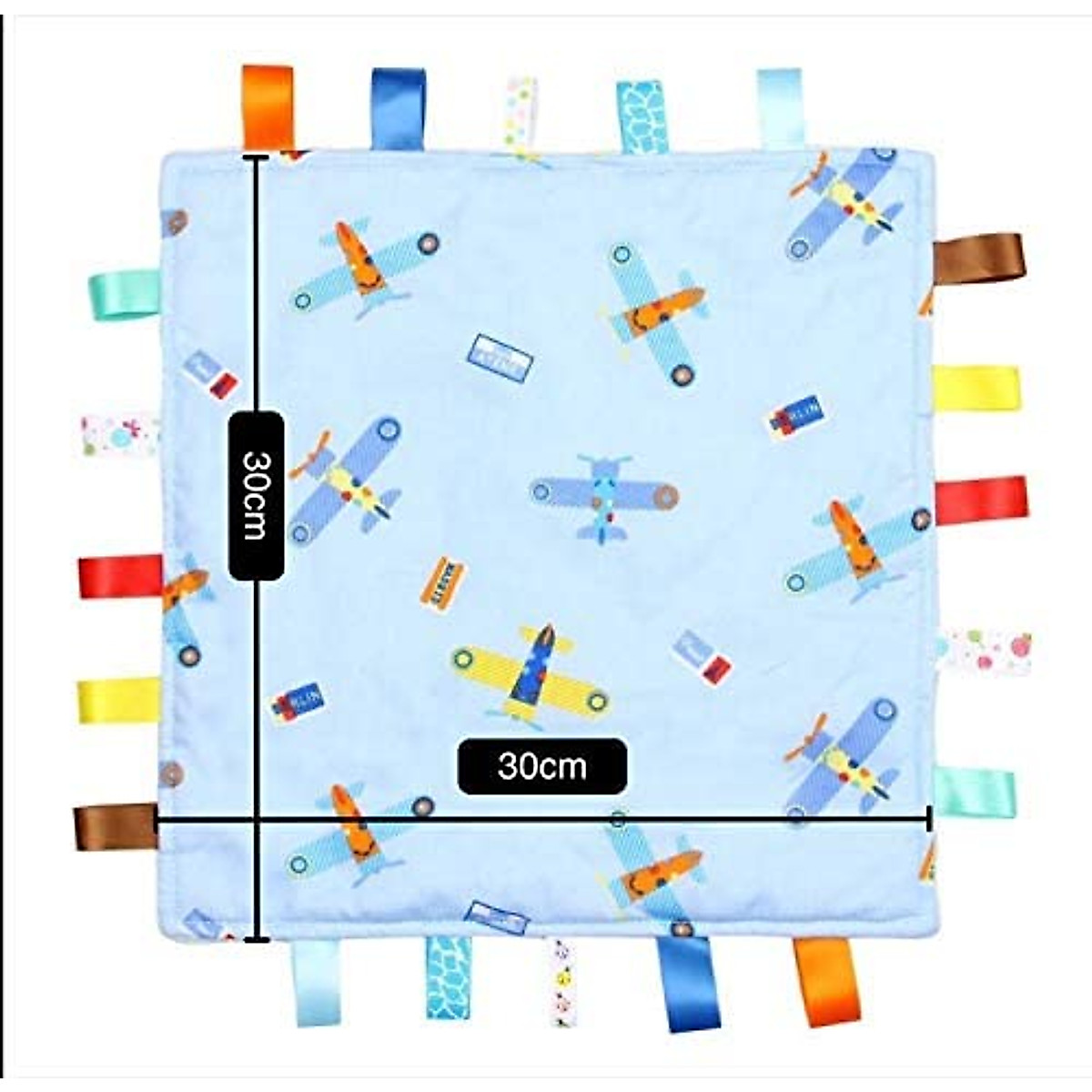 Blue Baby Comforter Blanket - Multi Coloured Airplane Security Blanket with Plain Blue Textured Underside