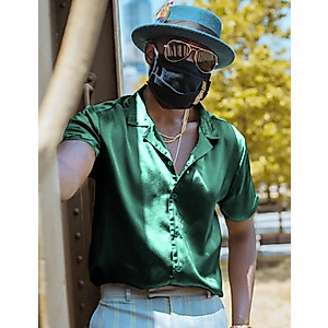 URRU Men's Luxury Shiny Silk Like Satin Dress Shirt Cuban Collar Short Sleeve Casual Slim Fit Muscle Button Up Shirts Dark Green L