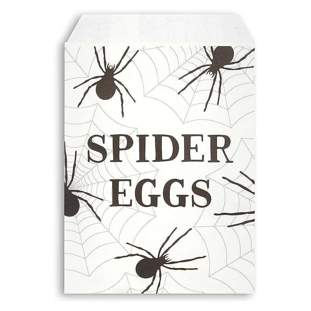 BLUE PANDA 100 Pack Halloween Paper Bags, Small Paper Halloween Treat Bags, Bulk Goody Bags for Candy, and Favors, 4 Designs, Vampire Teeth, Witch Broomsticks, Bag of Bones, Spider Eggs (8 x 5 In)