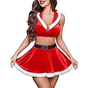 Avidlove Sexy Christmas Lingerie for Women Holiday Outfits 2 Piece Santa Sleepwear with Hooded