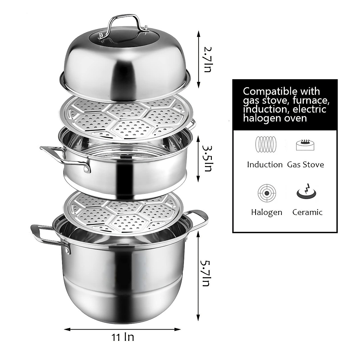WUWEOT 11" Steamer Pot, 3 Tier Stainless Steel Steaming Pot Dim Sum Cookware, Food Vegetable Cooking Pan With Stackable Pan Insert/Lid for Vegetable, Dumpling, Stock, Sauce, Food