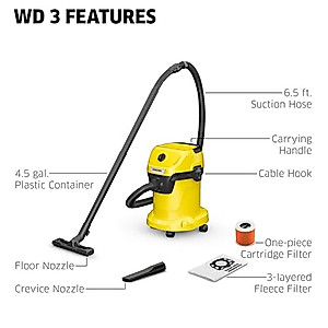 Kärcher - WD 3 Multi-Purpose Wet-Dry Shop Vacuum Cleaner - 4.5 Gallon - With Attachments – Blower Feature, Compact Space-Saving Design - 1000W,Yellow