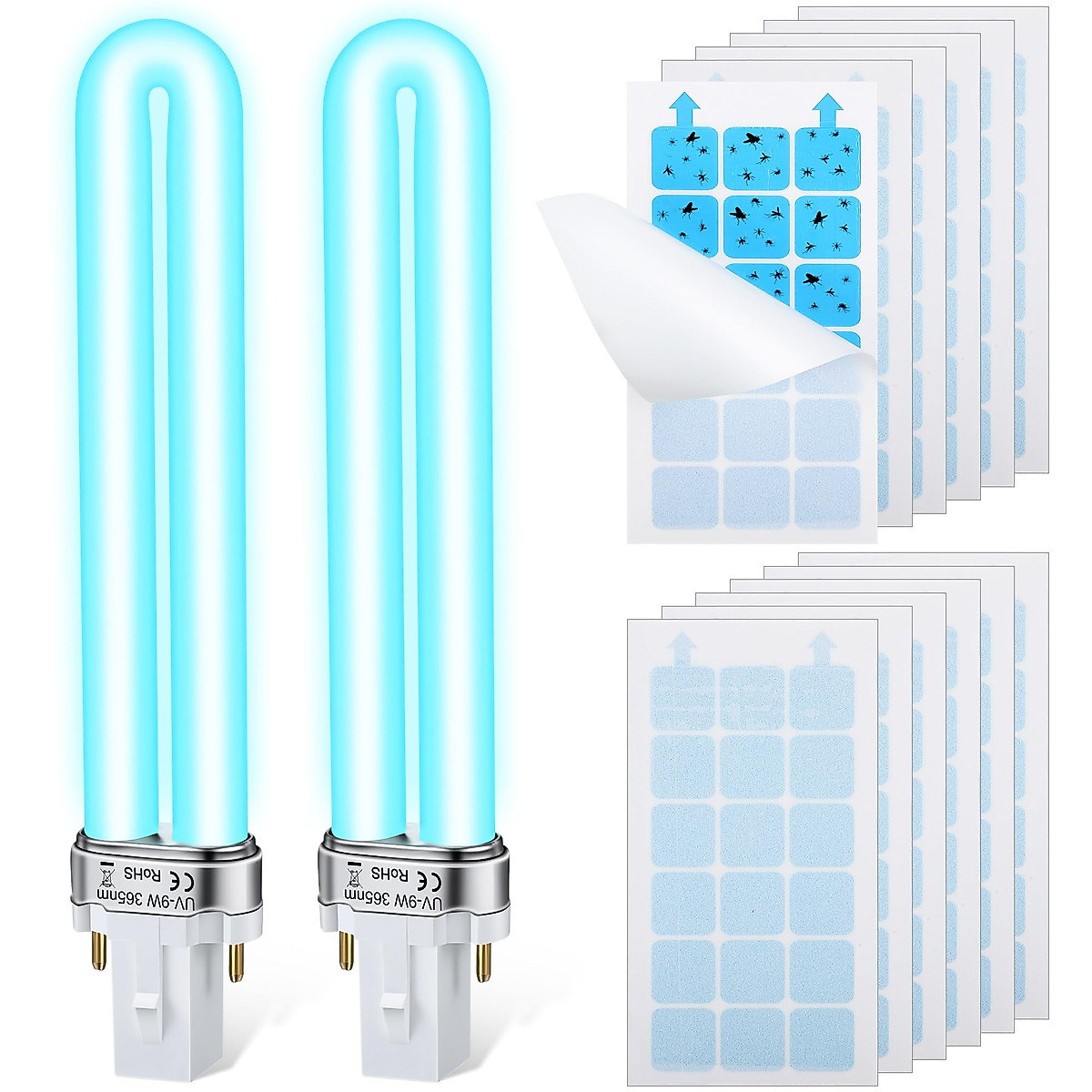 Qualirey 2 Pack 9W UV Replacement Bulb and 12 Pcs Replacement Sticky Cards Kit, Compatible with DynaTrap DT3009, DT3019, and DT3039/Gardner/Flyweb Classic/Fly Light