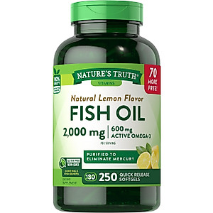 Nature's Truth Burpless Fish Oil Pills 2000 mg | 600 mg Omega 3 | 250 Softgels | Natural Lemon Flavor | Non-GMO, Gluten Free Supplement