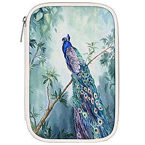 Peacock Pencil Case Holder, Tropical Peacock Tree Branch Zipper Pencil Pouch Multi-Purpose Cosmetic Makeup Brush Bag Stationery Box Passport Organizer Bag