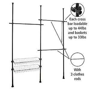 WENKO Adjustable Clothes Rack, Garment Rack System For Closet Organizer, Black Wardrobe Rack, Walk-in Closet, Clothes Organizer, 65-84.6 x 65-118.1 x 14.96 in, Black