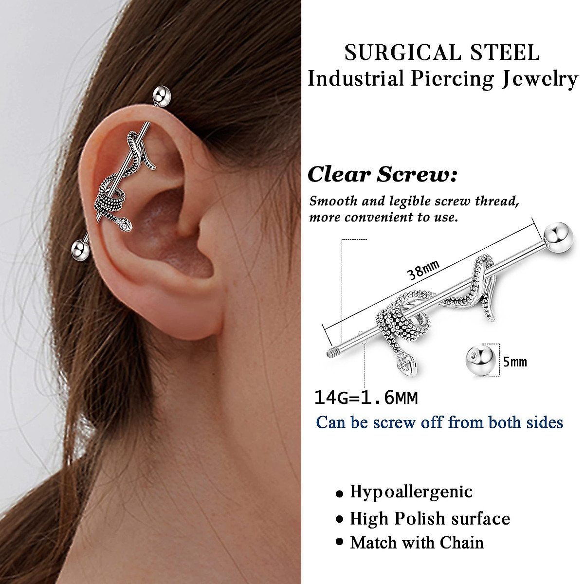 ZELORES 14G Industrial Piercing Jewelry Stainless Steel Industrial Earring for Women Men Snake Chain Dangle Cartilage Helix Piercing Jewelry Industrial Piercing Bar 38MM (Set1)