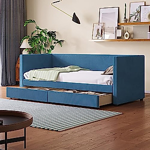 Merax Twin Size Corduroy Daybed with Two Drawers and Wood Slat,Sofa Bed Frame for Bedroom,Boys,Blue