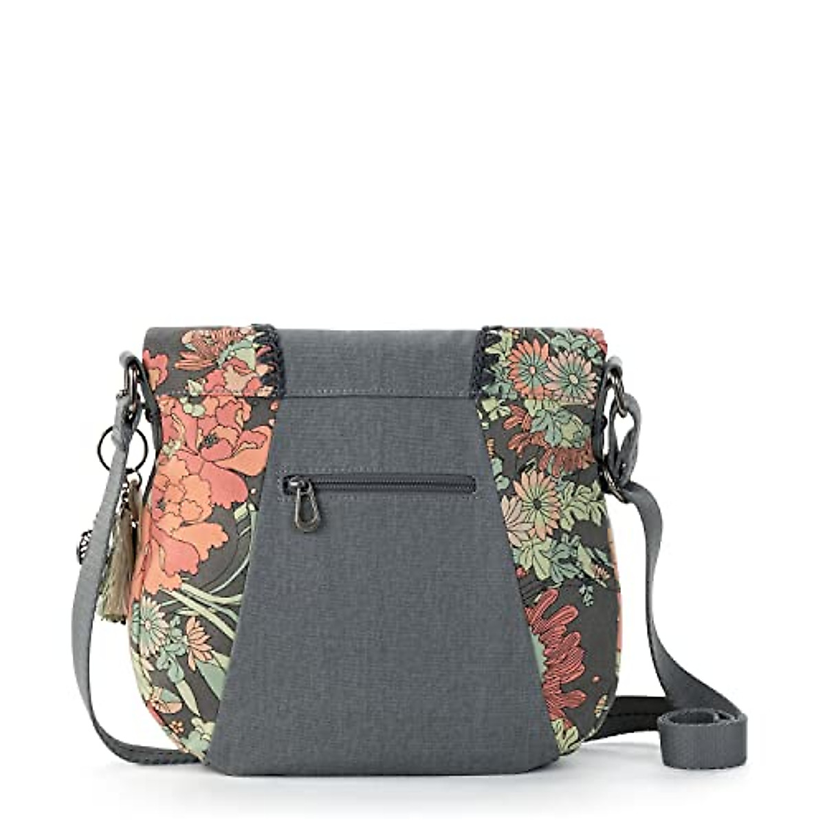 Sakroots Foldover Crossbody Bag in Cotton Canvas, Multifunctional Purse with Adjustable Strap & Zipper Pockets, Charcoal Flower Power