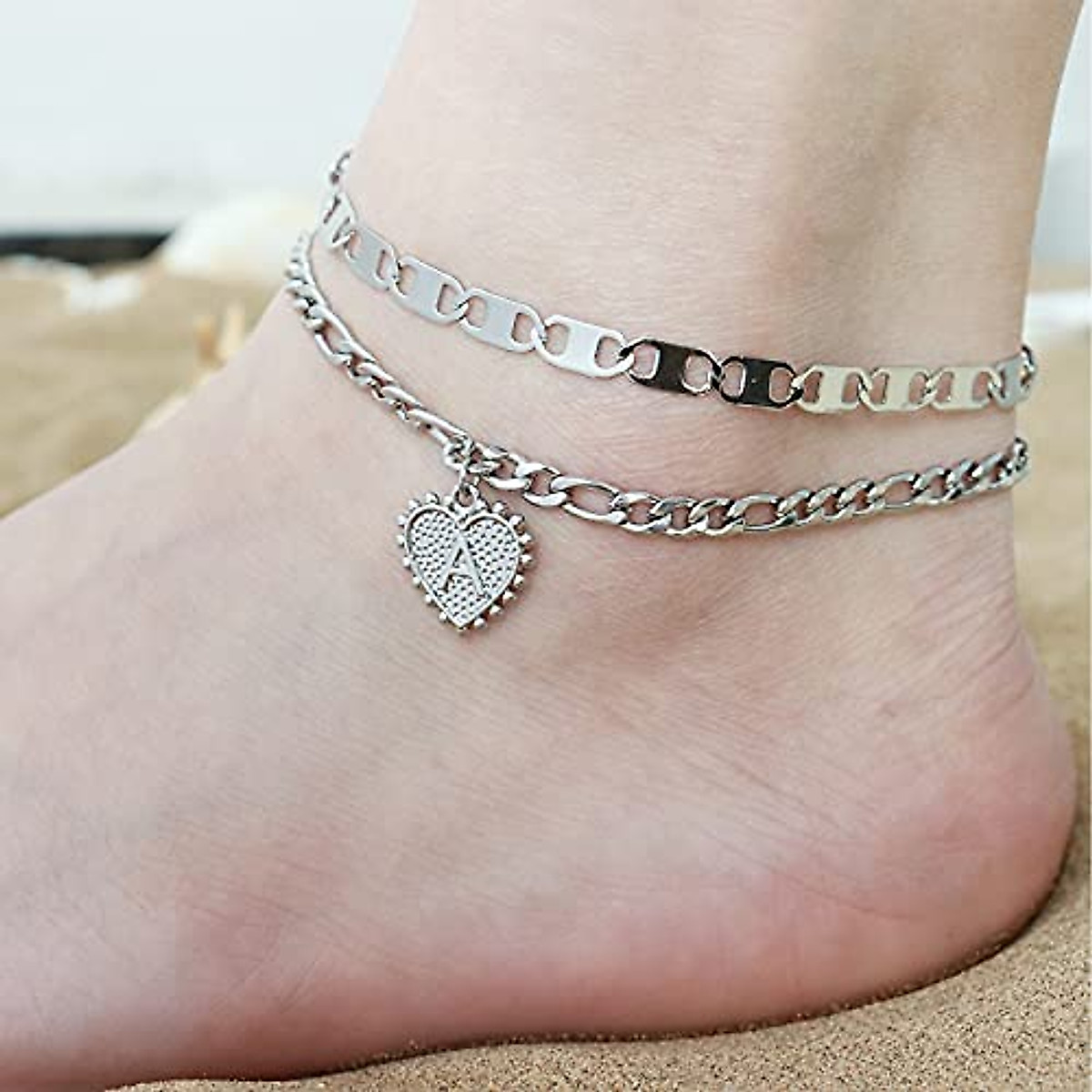C Silver Initial Anklet for Women Silver Cuban Link Anklet Bracelet for Women Men Dainty Letter Name Ankle for