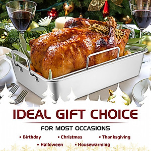 Roasting Pan with Rack for Turkey Chicken, Joyfair Stainless Steel Roaster Pan and V-rack for Toaster Oven, Rectangular Bakeware with Sturdy Handles, Heavy Duty & Dishwasher Safe (Large)