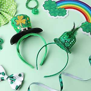 2 Pieces St. Patrick's Day Top Hat Headband Irish Sequin Shamrock Green Hat Headband Saint Patty's Day Headband St Patricks Day Headwear Accessories Irish Feathered Headbands for Women and Children