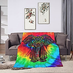 Voudlye Elephant Blankets Throw Tie Dye Rainbow Blanket 60"x50" for Women Men and Kids Comfort Warmth Soft Plush Throw for Bed Bedroom Sofa